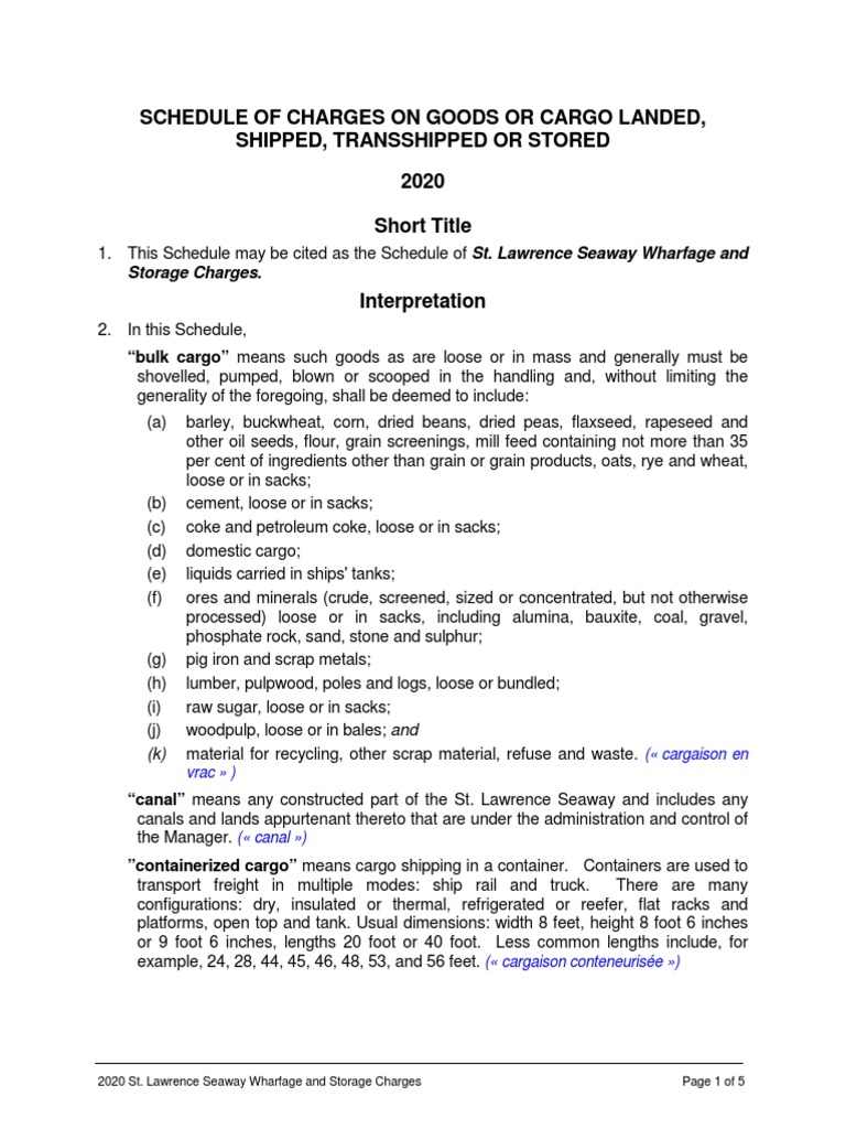 St. Lawrence Seaway Wharfage Charges 2020 | PDF | Cargo | Tonnage