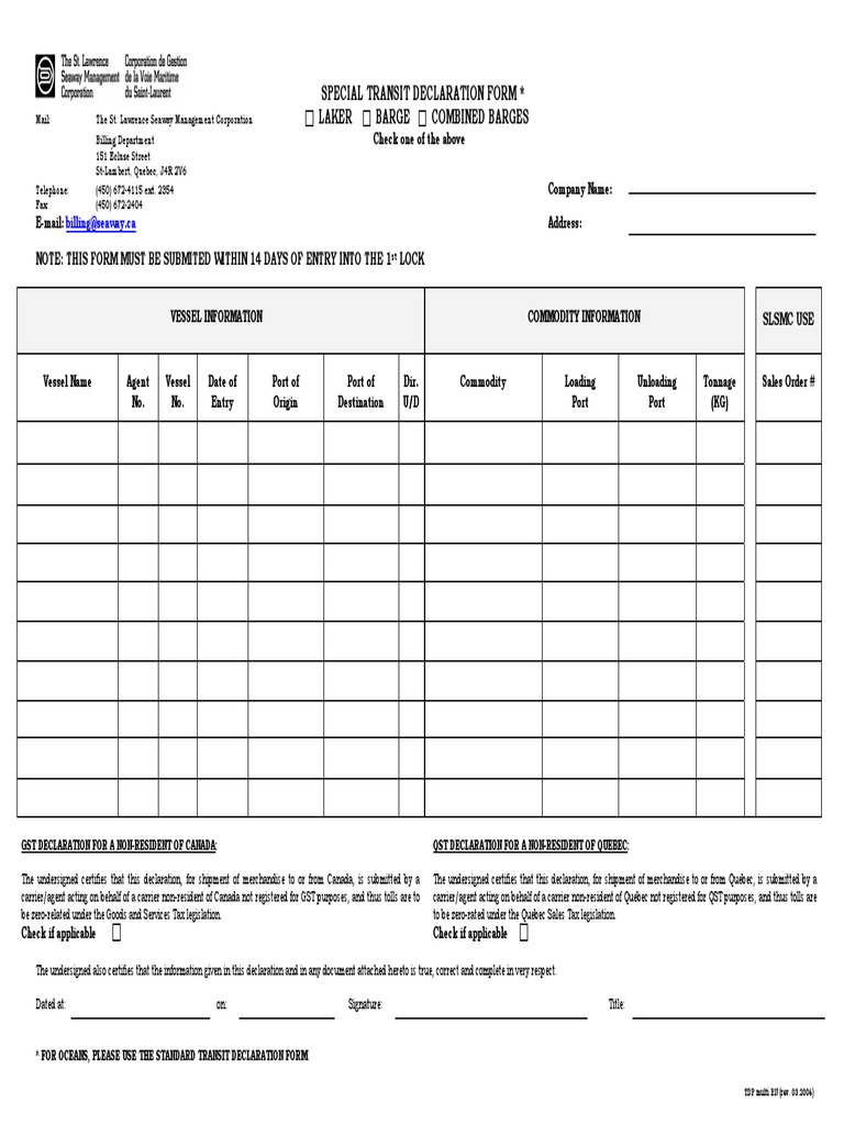 09 Special Transit Declaration Form (Laker, Barge and Combined Barges ...