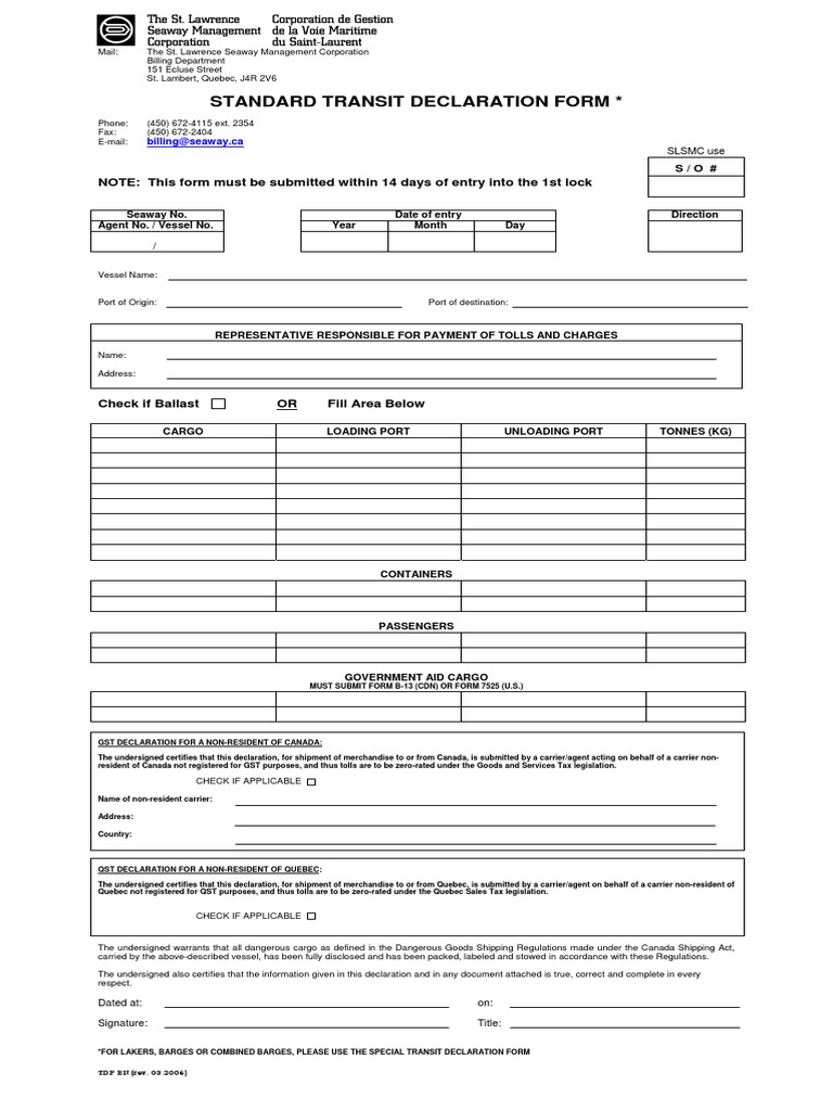 08 Standard Transit Declaration Form | PDF | Cargo | Port
