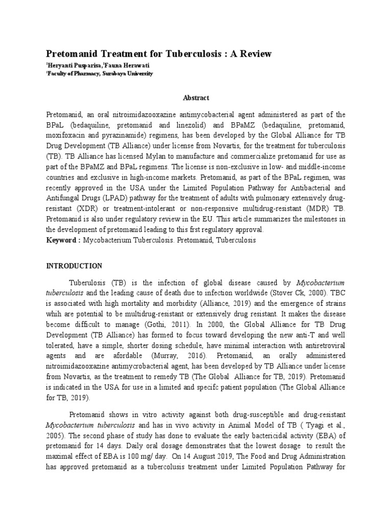 Pretomanid Treatment For Tuberculosis | PDF | Tuberculosis | Pharmacology