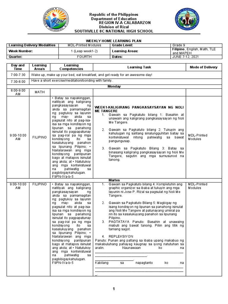 WHLP Week 1 Filipino 9 4RT QT | PDF