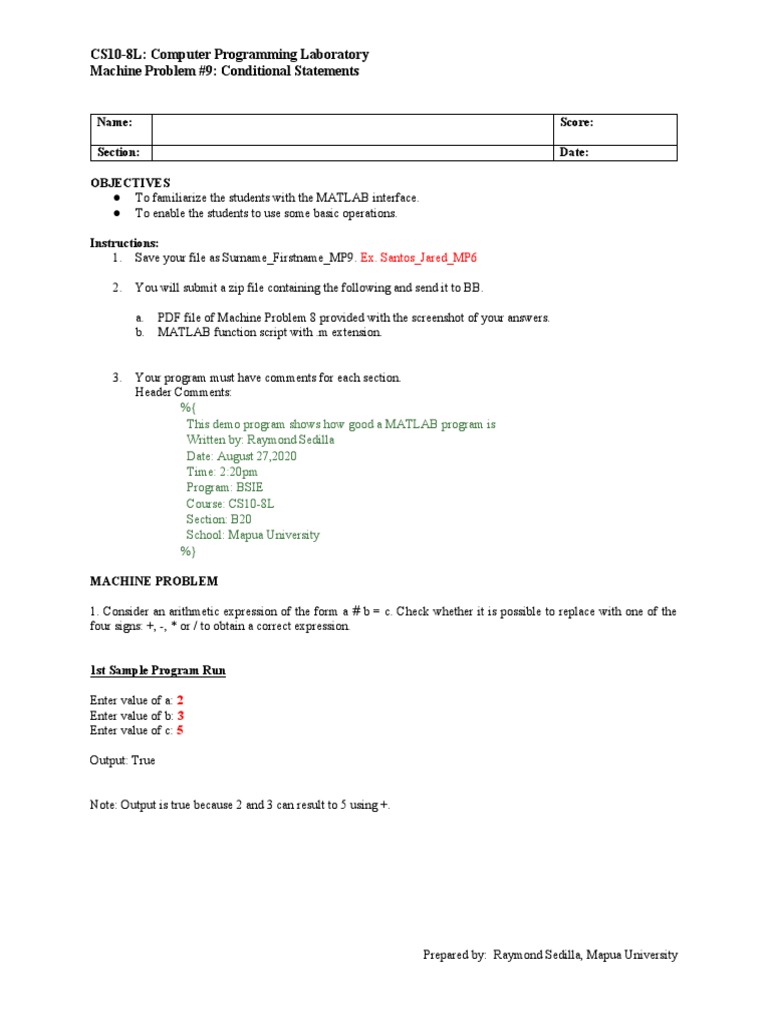 Cs10 8l Computer Programming Laboratory Machine Problem 9 Conditional Statements Pdf