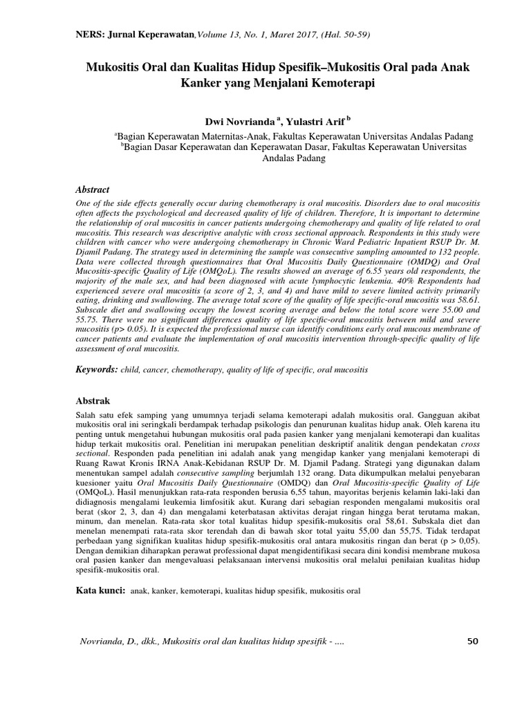 Mukositis Oral Dan Kualitas Hidup Spesifik-Mukositis Oral Pada Anak ...