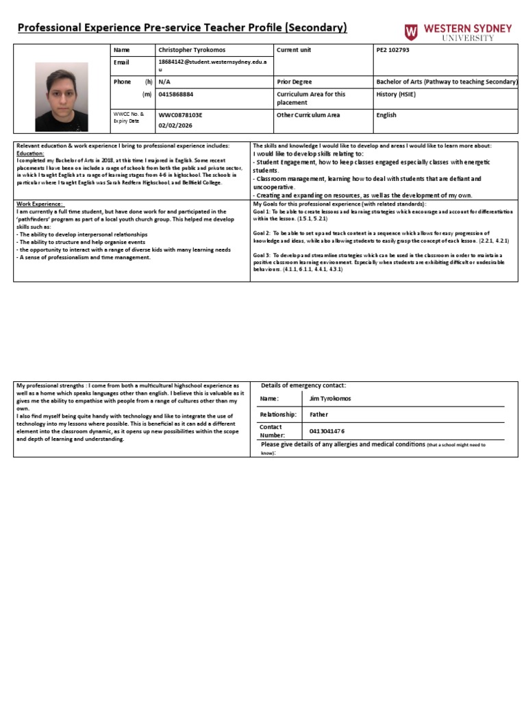 Pre-Service Teacher Profile Sheet | PDF | Teachers | Classroom