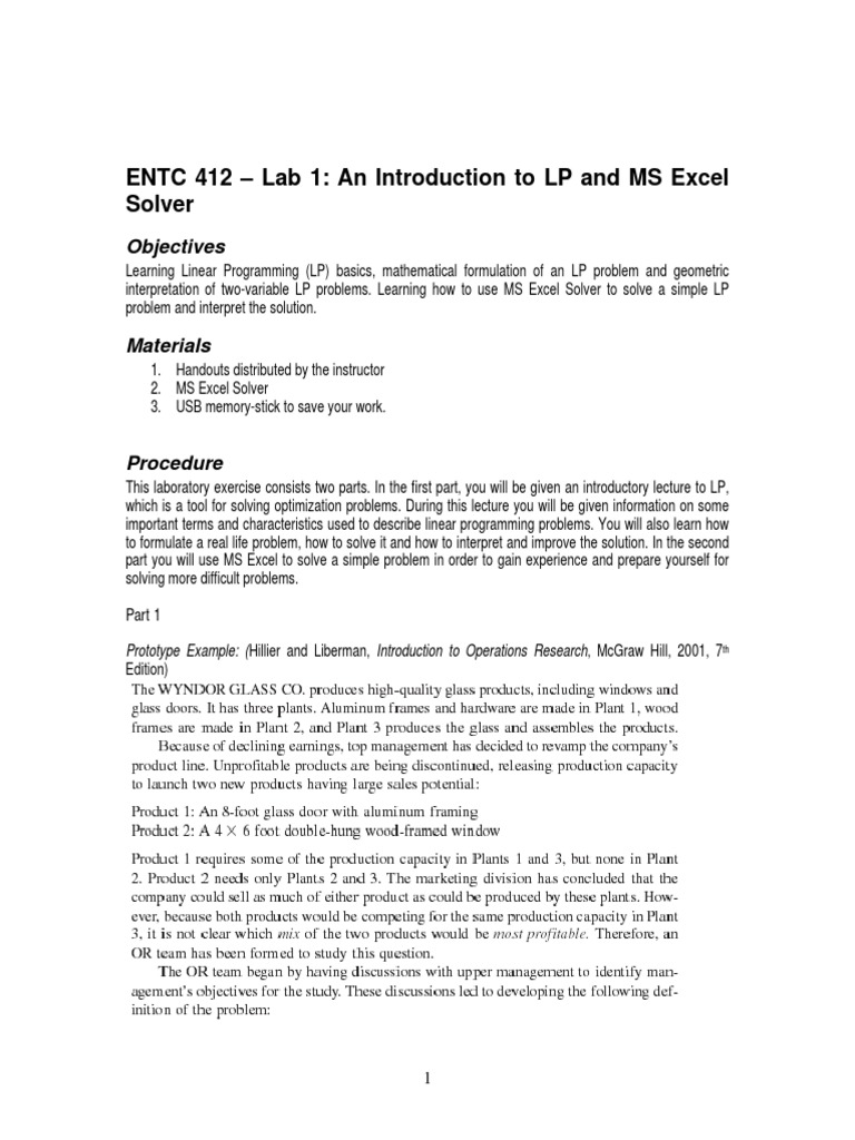 ENTC 412 - Lab 1: An Introduction To LP and MS Excel Solver: Objectives | PDF | Mathematical ...