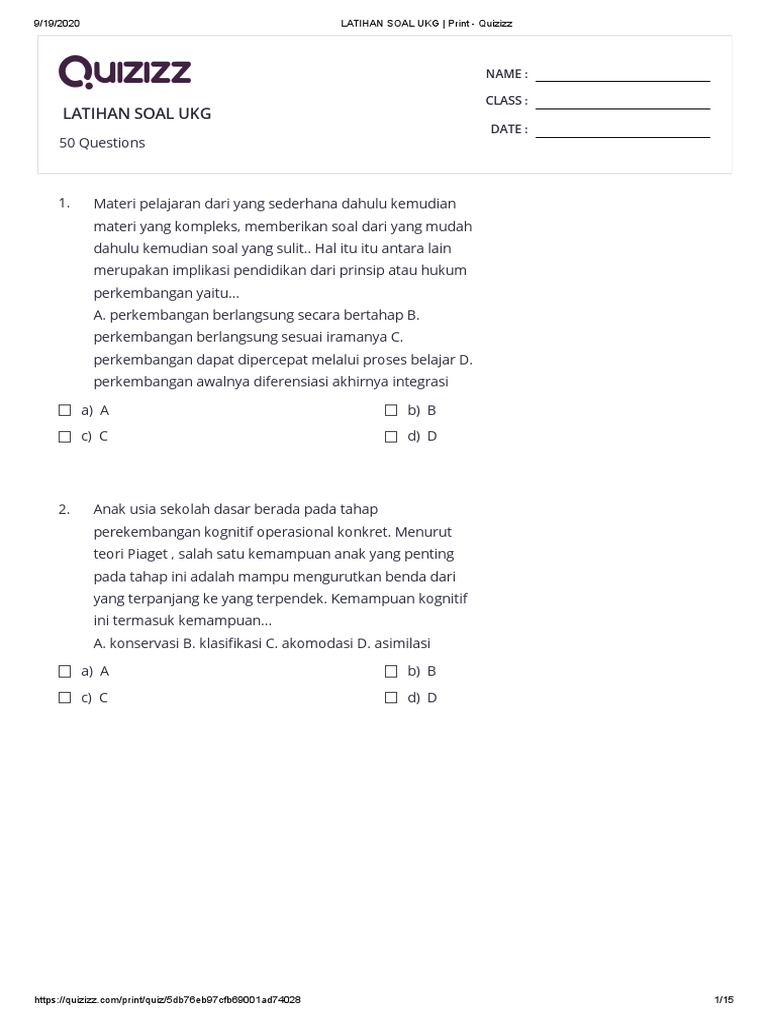 LATIHAN SOAL UKG - Print - Quizizz | PDF