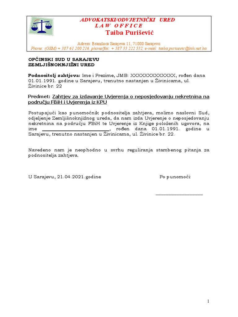 Zahtjev Za Izdavanje Uvjerenja o Neposjedovanju Nekretnina | PDF