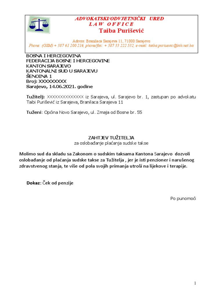 Zahtjev Za Oslobađanje Od Takse | PDF
