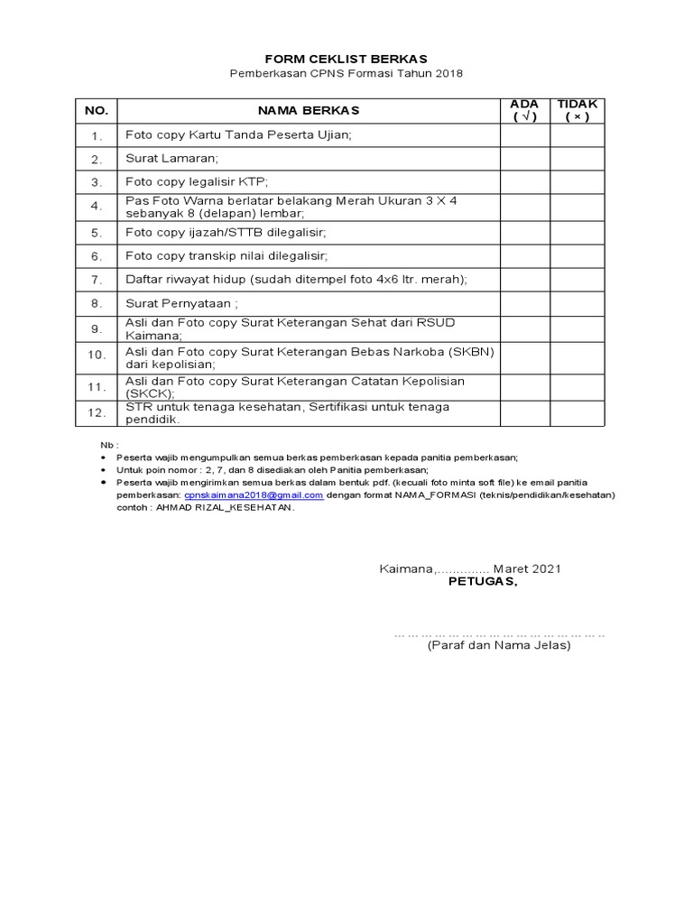 Form Checklist Berkas Pemberkasan | PDF