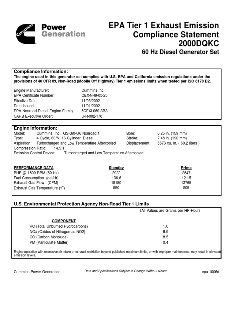 EPA Tier 1 Exhaust Emission Compliance Statement 2000DQKC: 60 HZ Diesel ...