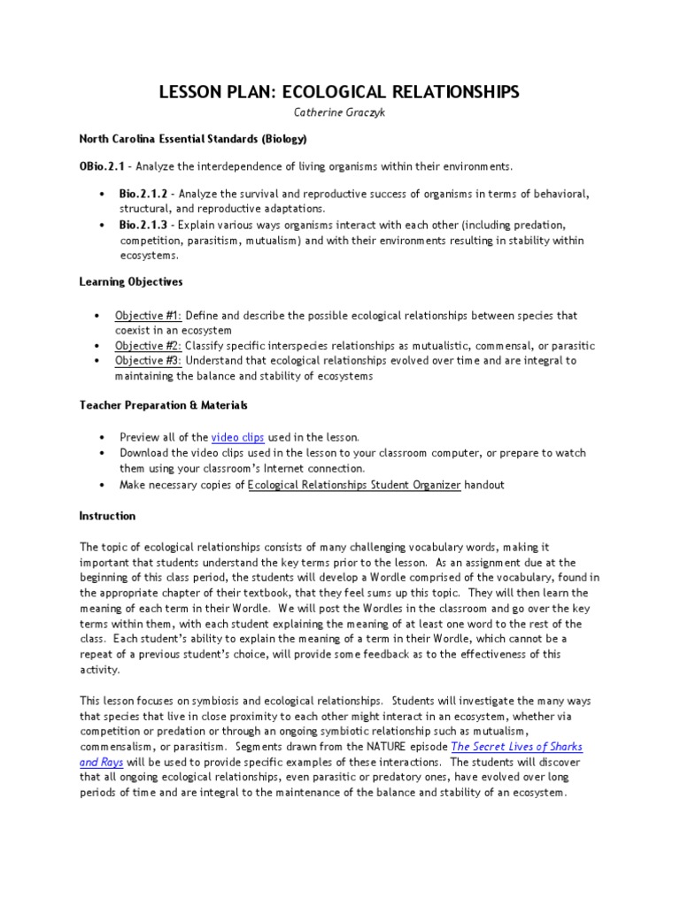 Ecological Relationships Lesson Plan | PDF | Symbiosis | Ecology