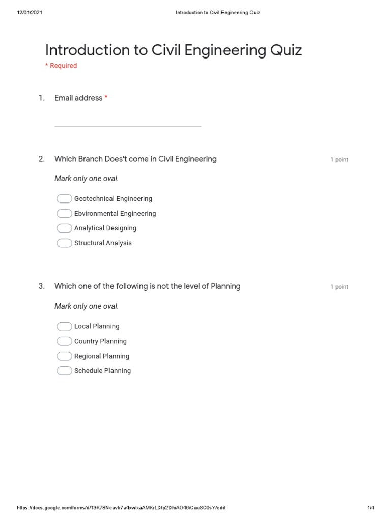 Introduction To Civil Engineering Quiz: 1. Email Address | PDF | Civil ...