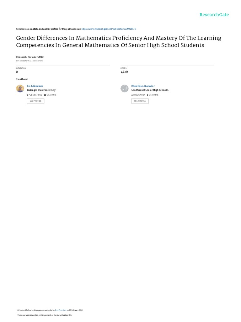 Gender Differences in Mathematics Proficiency and Mastery of The ...