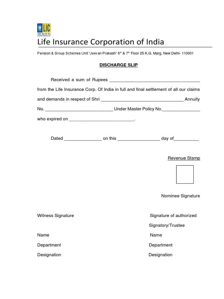 Life Insurance Corporation of India: Discharge Slip | PDF