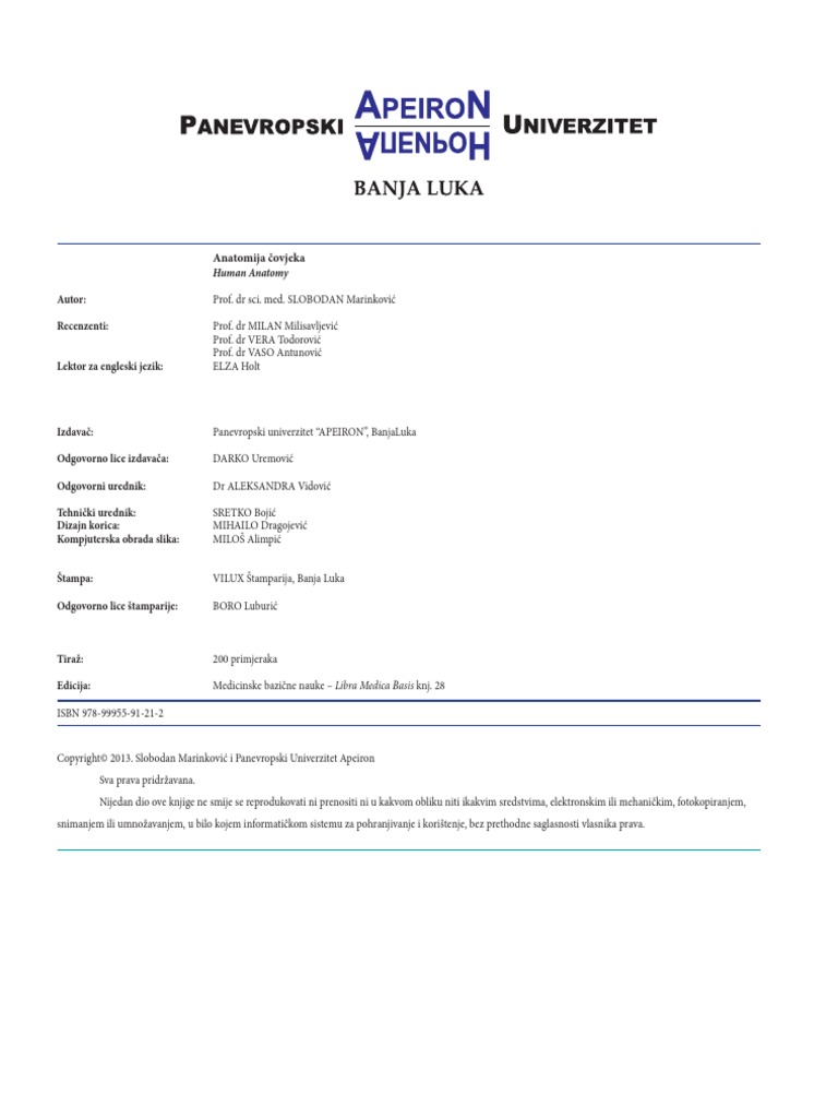 13873-Anatomija Covjeka - ATLAS - Slobodan Marinkovic - Impresum | PDF