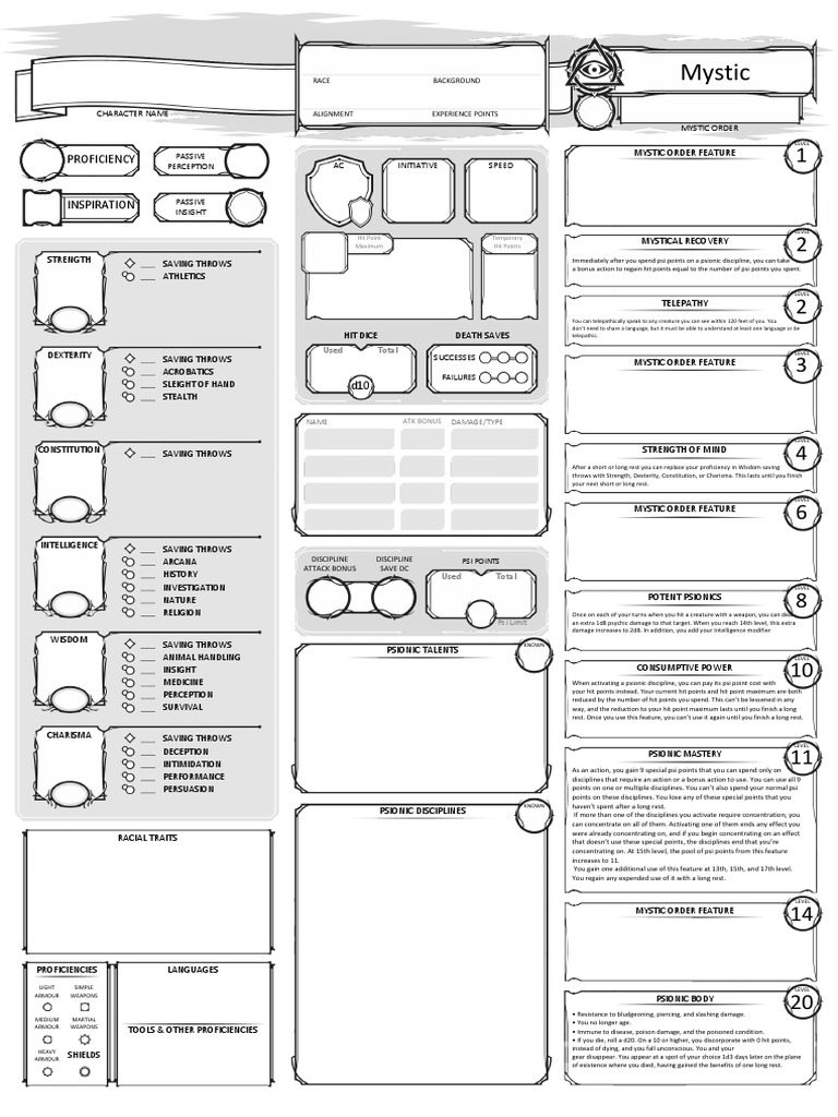 456029-Character Sheet UA MYSTIC EDITABLE | PDF | Telepathy | Role Playing Games