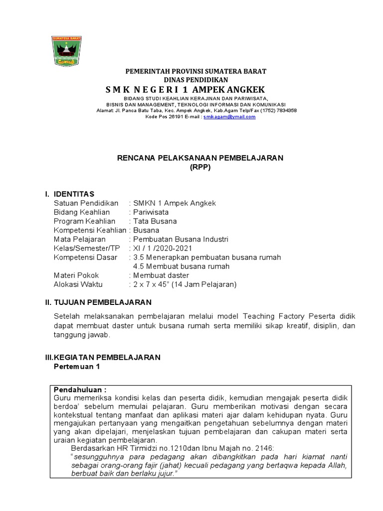 RPP TEFA Busana Industri TB 2021 Oke | PDF