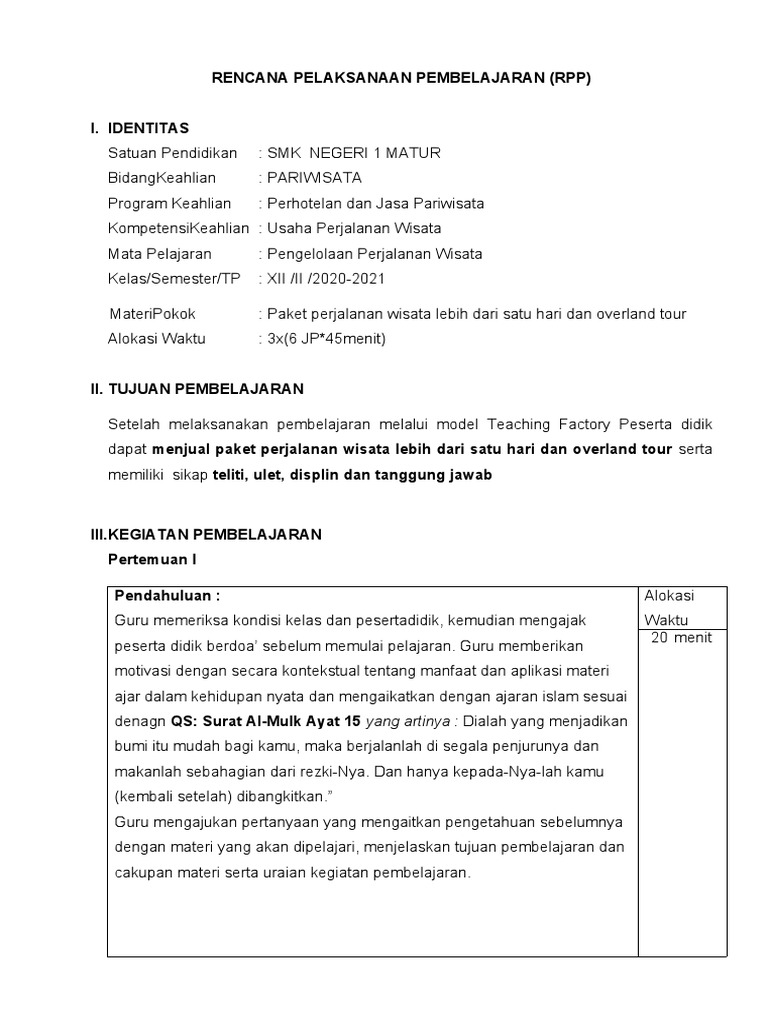 RPP TEFA Pengelolaan Perjalanan Wisata | PDF