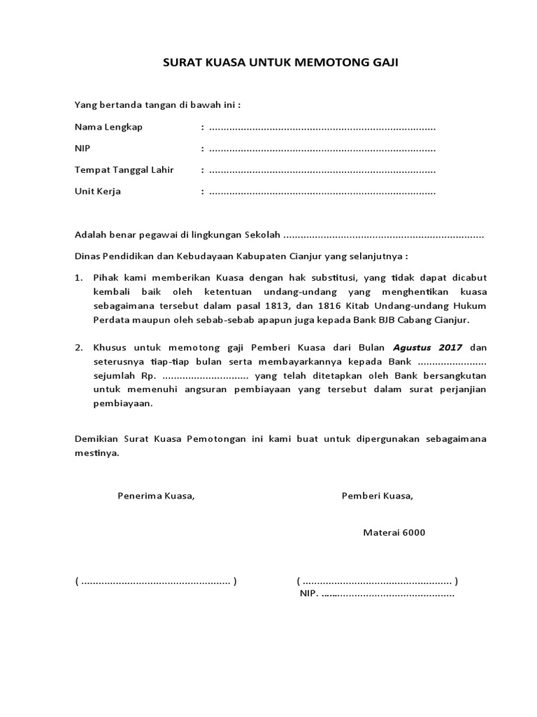 Surat Kuasa Untuk Memotong Gaji 2017 | PDF Surat Kuasa Untuk Memotong Gaji 2017 | PDF
