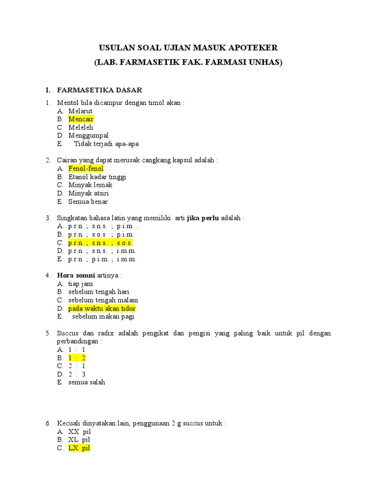 Usulan Soal Ujian Masuk Apoteker | PDF
