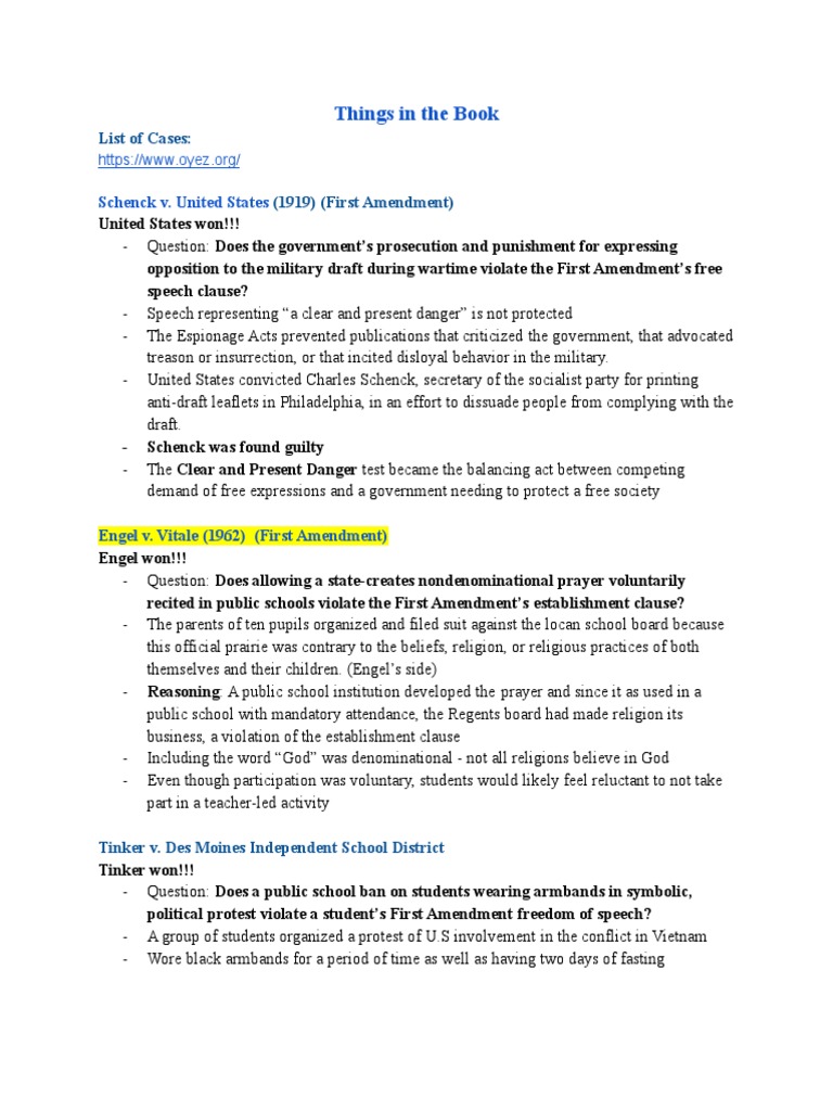 Key Supreme Court Cases for AP Gov | PDF | First Amendment To The ...