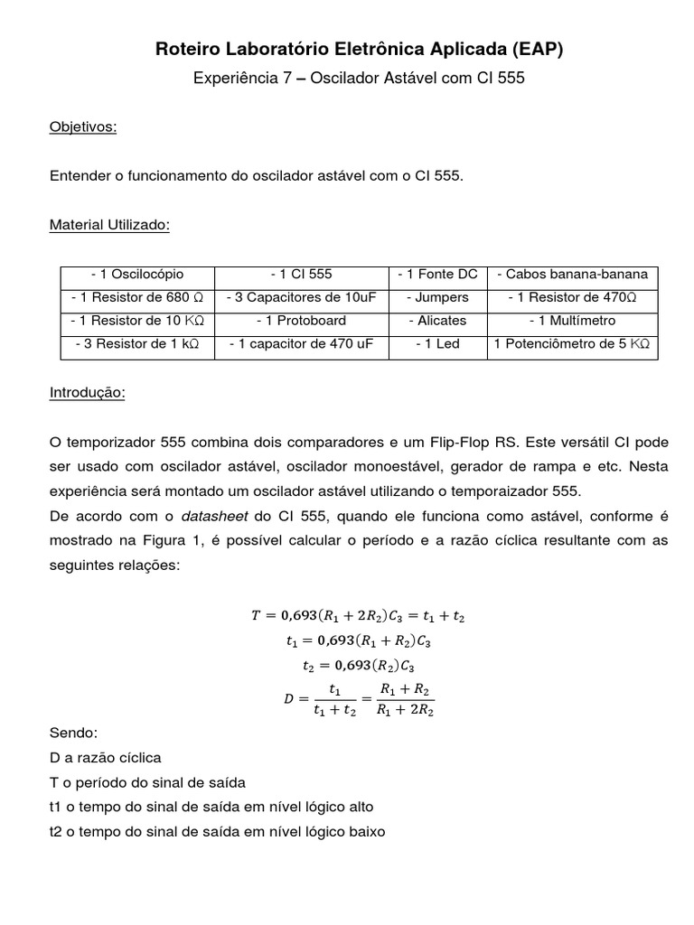 Roteiro Lab Oscilador Astável Com o CI 555 | PDF | Rede elétrica | Resistor