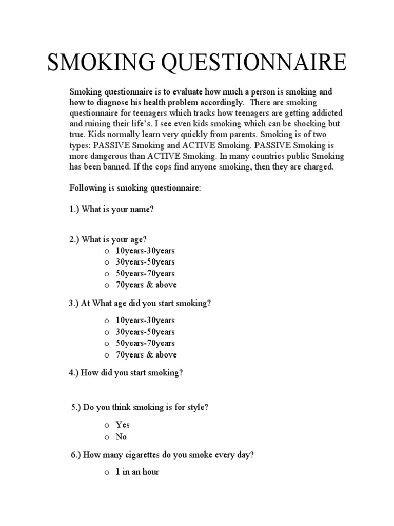 Smoking Behavior Assessment Questionnaire | PDF | Self-Improvement ...