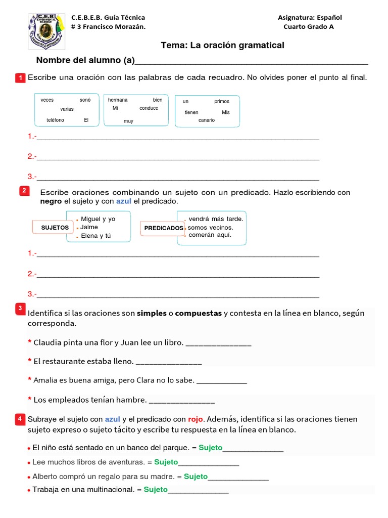Ejercicio La Oración Gramatical 4° 2021 | PDF