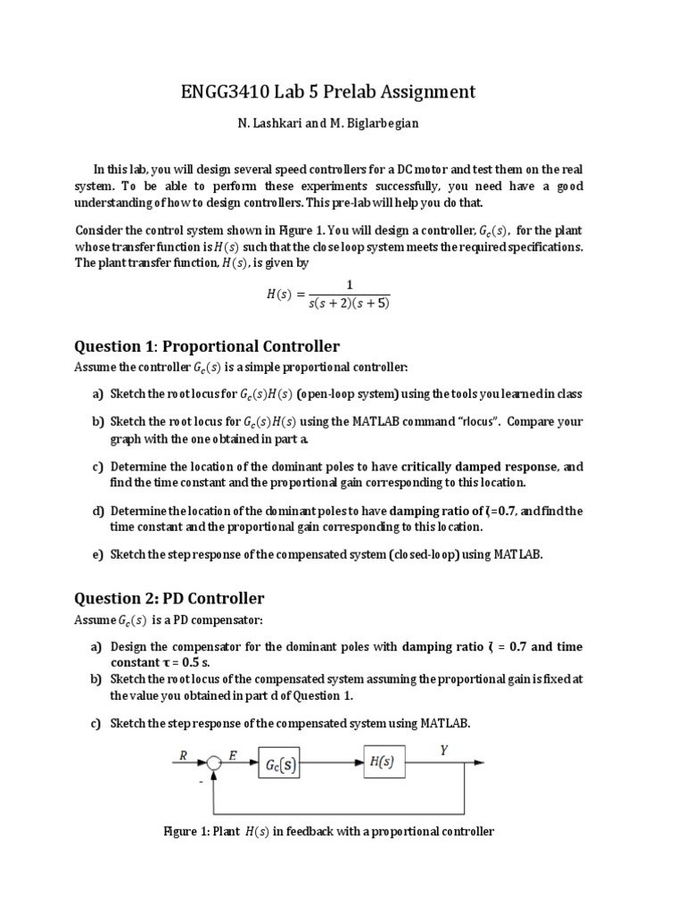 ENGG3410 Lab 5 Prelab Assignment: Question 1: Proportional Controller | PDF