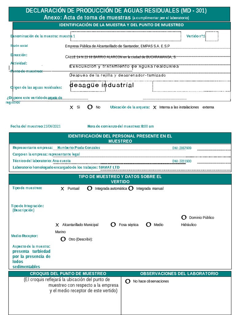 Formato - Acta de Toma de Muestras | PDF | Agua y política | Saneamiento