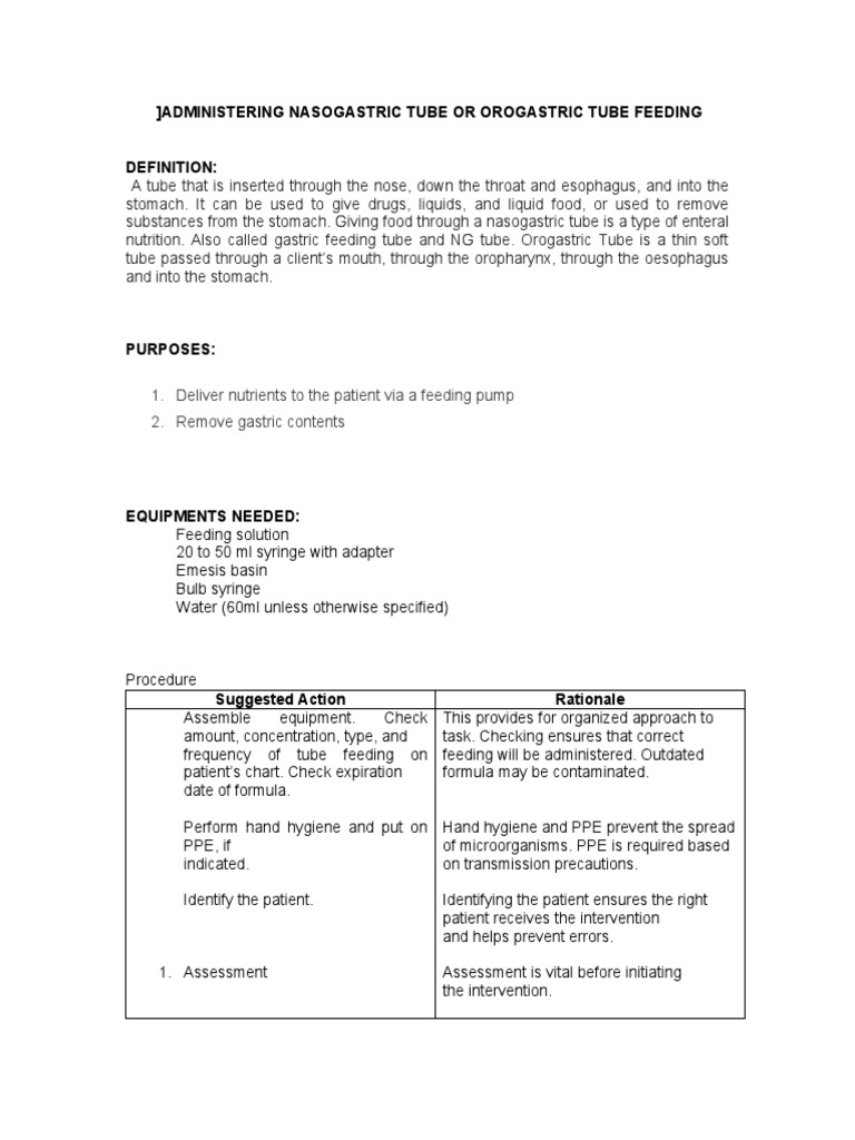 Nasogastric Tube Feeding Procedure Guide | PDF | Medical Specialties ...