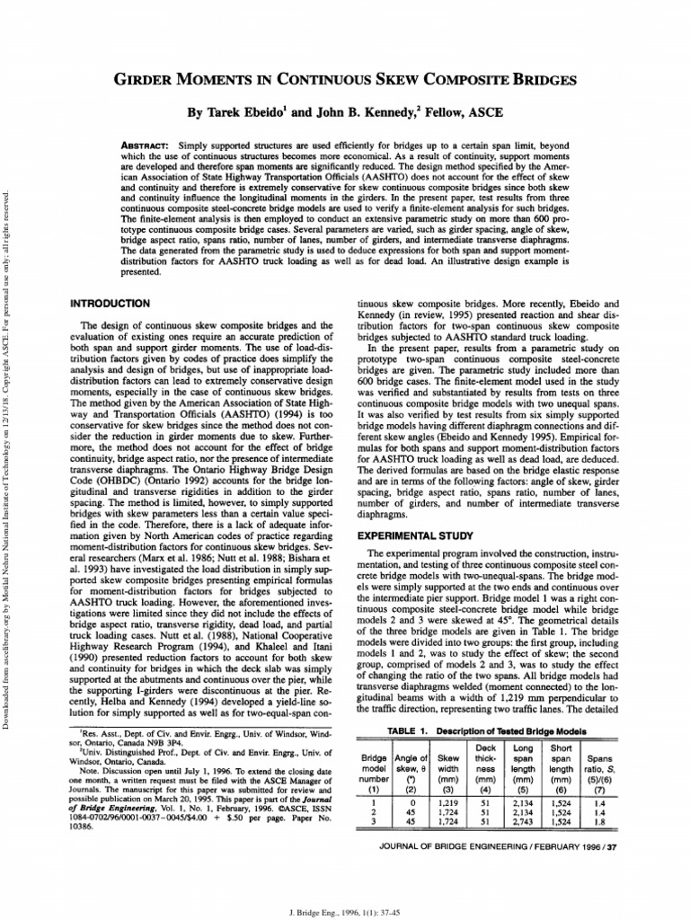 1996 Girder Moments in Continuous Skew Composite Bridges | PDF | Bridge ...