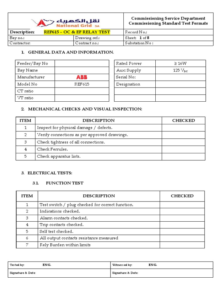 Ref615 - Oc Ef Relay Test | PDF | Relay | Electrical Substation