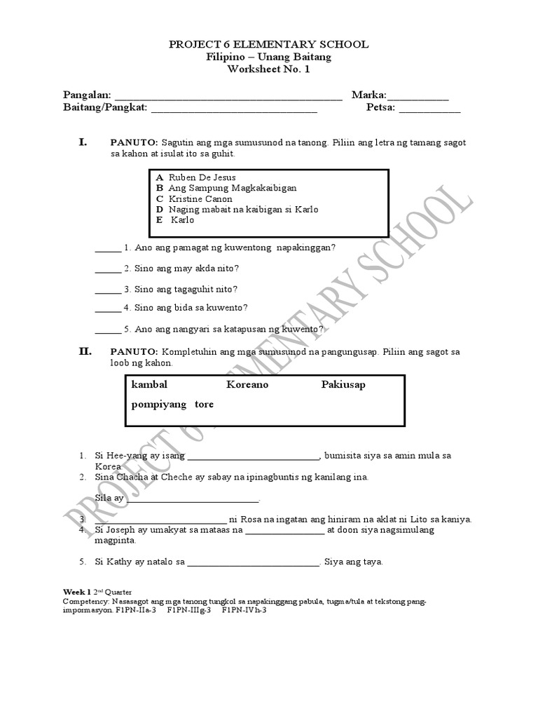 FILIPINO Grade 1 2nd Quarter Worksheets | PDF