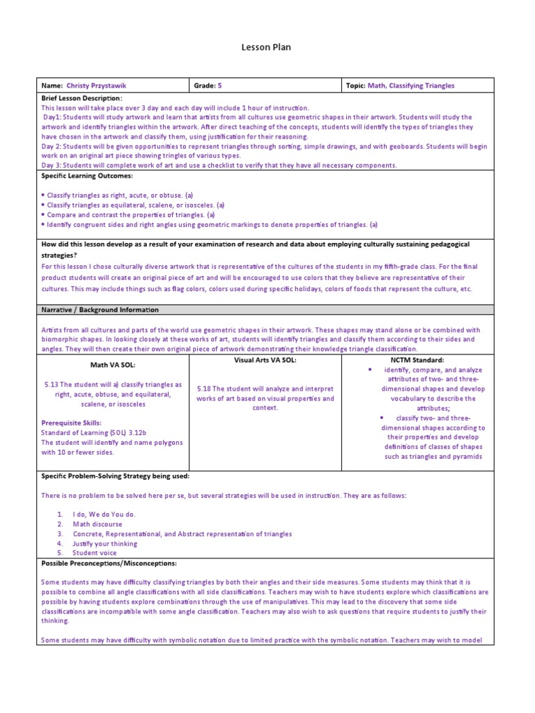 Math 5e Lesson Plan 5 | PDF | Triangle | Shape