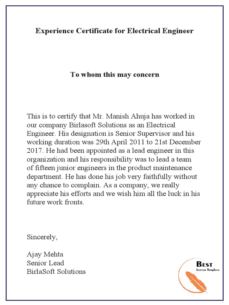 Experience Certificate For Electrical Engineer | PDF