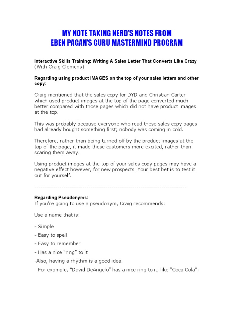 My Note Taking Nerd'S Notes From Eben Pagan'S Guru Mastermind Program | PDF