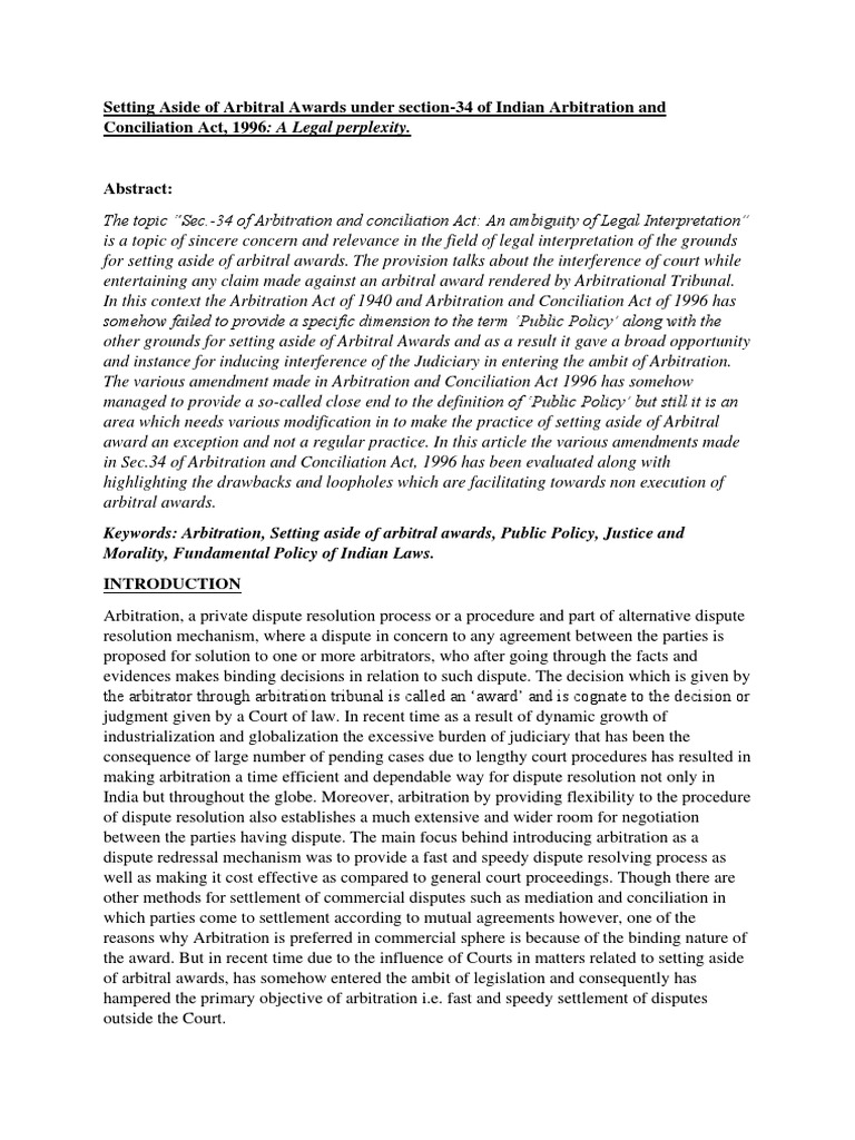 Setting Aside of Arbitral Awards Under Section | PDF | Arbitration ...