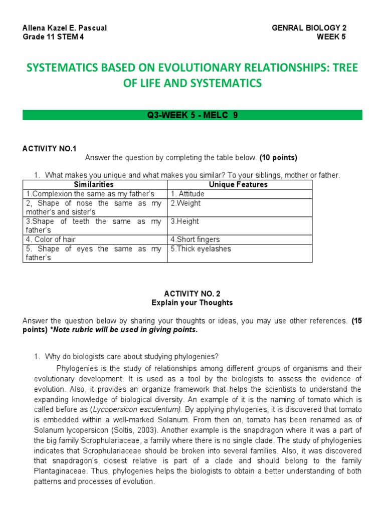 Systematics Based On Evolutionary Relationships: Tree of Life and Systematics | PDF ...