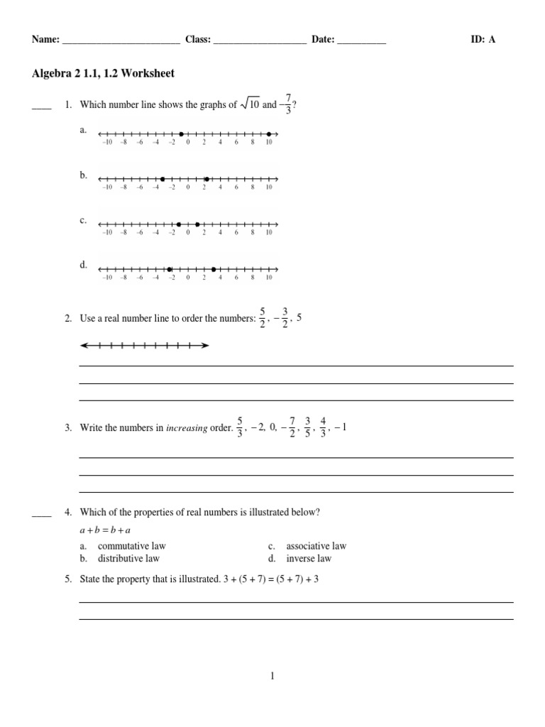 Algebra 2 1.1, 1.2 Worksheet: Ordering Real Numbers, Unit Conversions ...