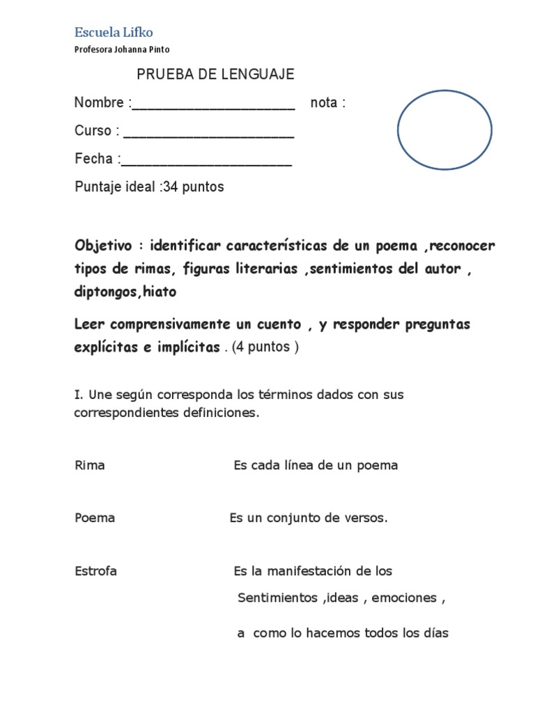 Prueba de Lenguaje Poesia Quinto 2018 | PDF | Rima | Género gramatical