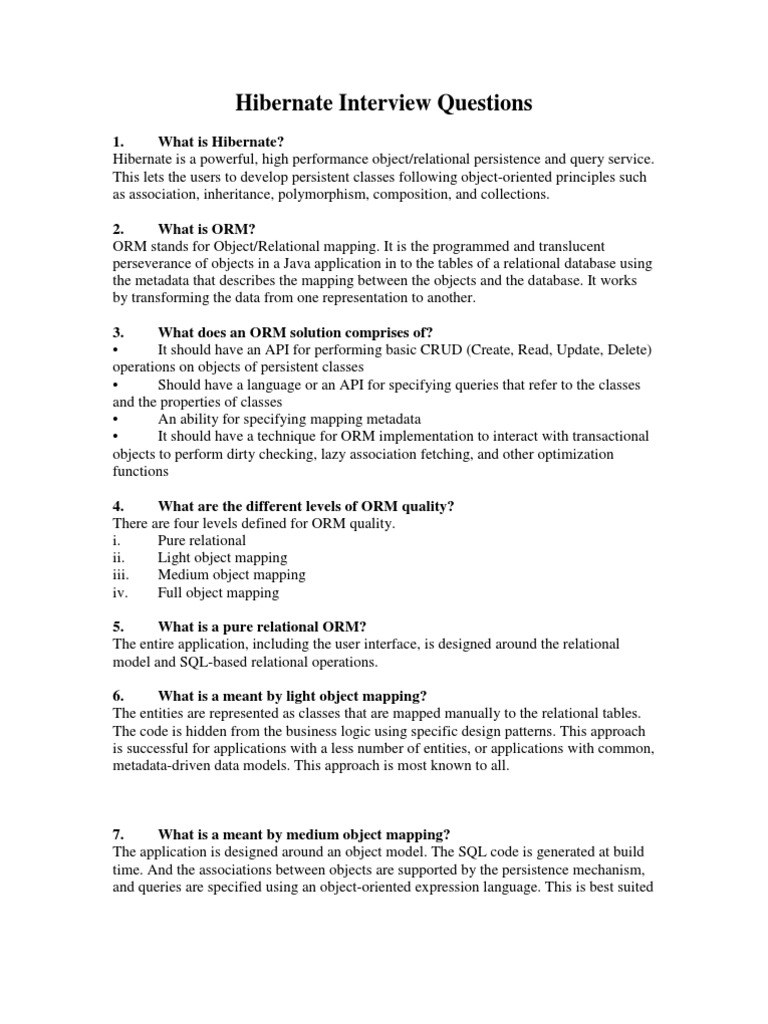 Hibernate Interview Questions Object Relational Mapping Object
