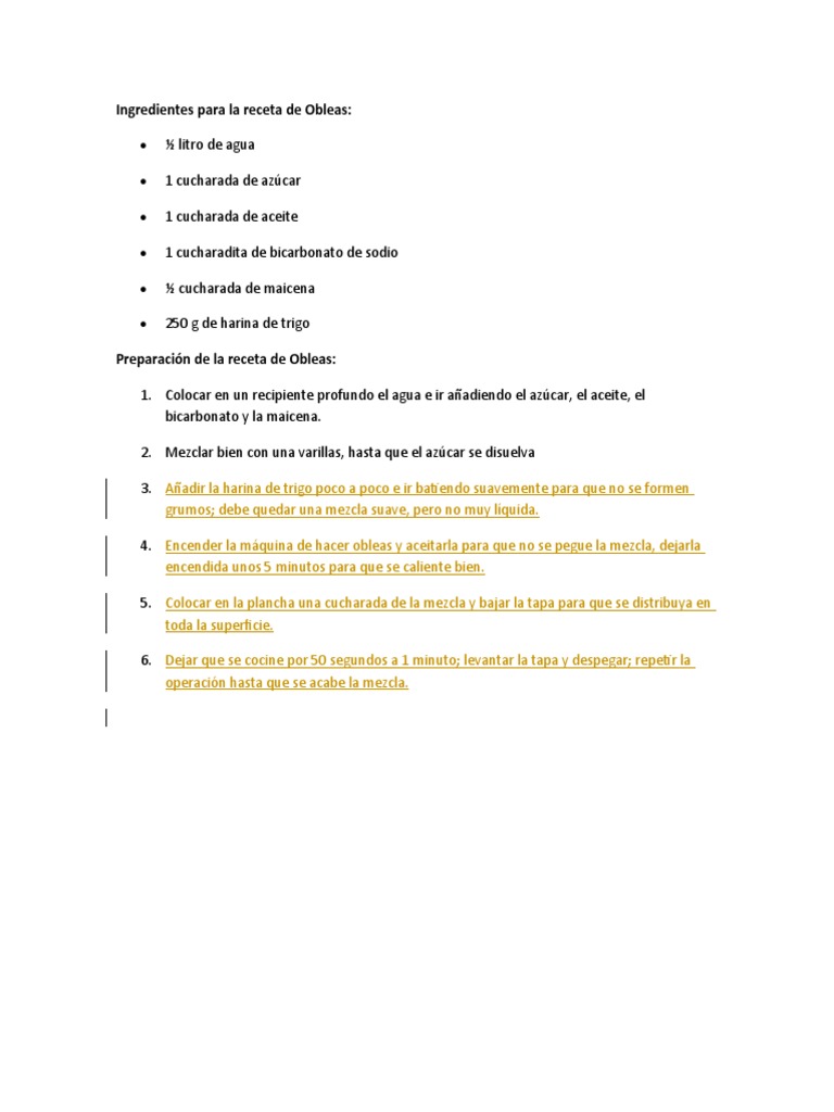 Ingredientes para La Receta de Obleas | PDF