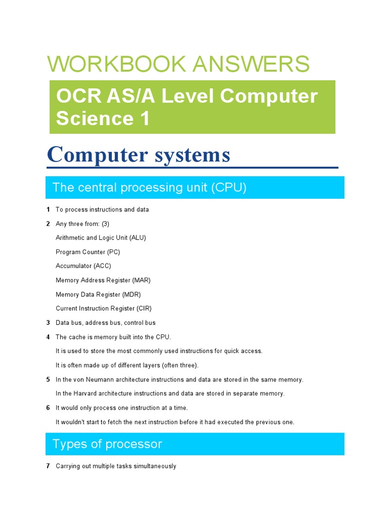 OCR Comp Sci WB 1 Answers | PDF | Computer Data Storage | Central ...