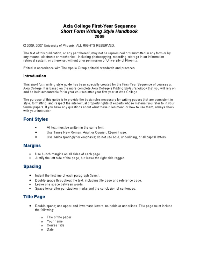 Short Form Writing Style Handbook: Axia College First-Year Sequence ...