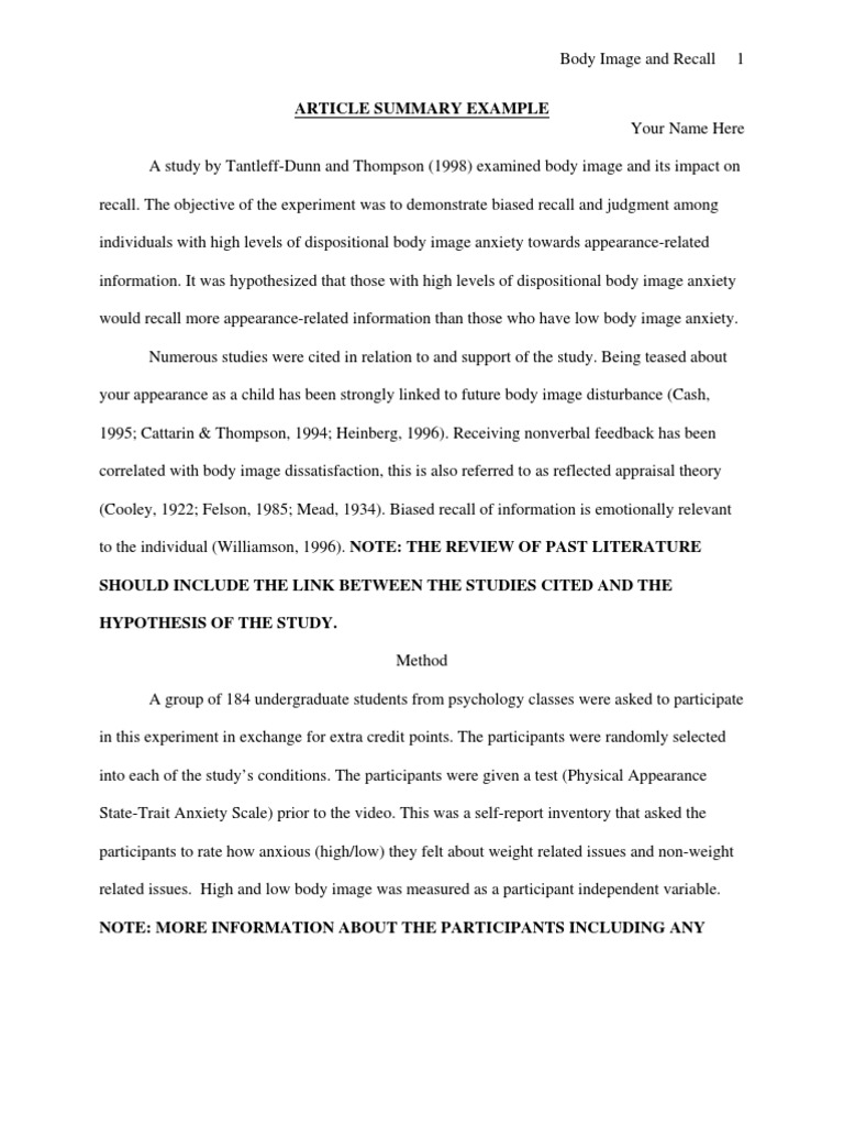 APA Article Summary Example | PDF | Body Image | Experiment
