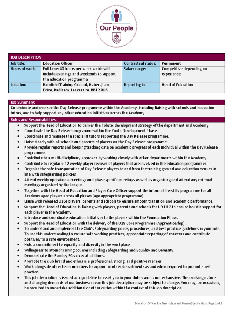 Job Description: Education Officer Job Description and Person ...