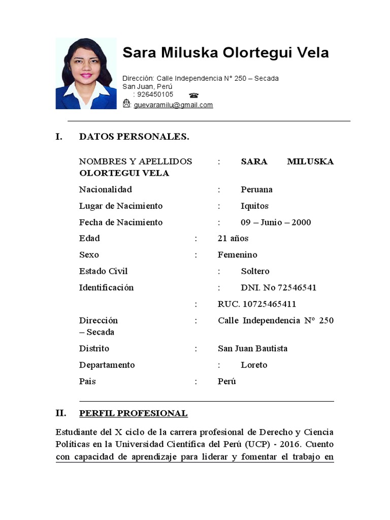 CURRICULUM VITAE - Sara Miluska Olortegui Vela | PDF | Perú | Derecho penal