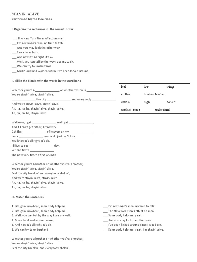 Stayin' Alive: Performed by The Bee Gees | PDF | Songs Written | Song ...