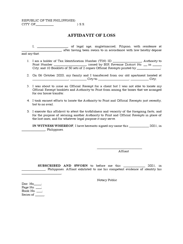 Affidavit-of-Loss-Authority To Print and Official Receipt Booklets | PDF
